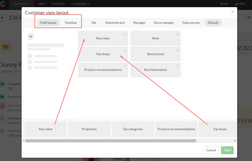 Customer 360° view layout configuration