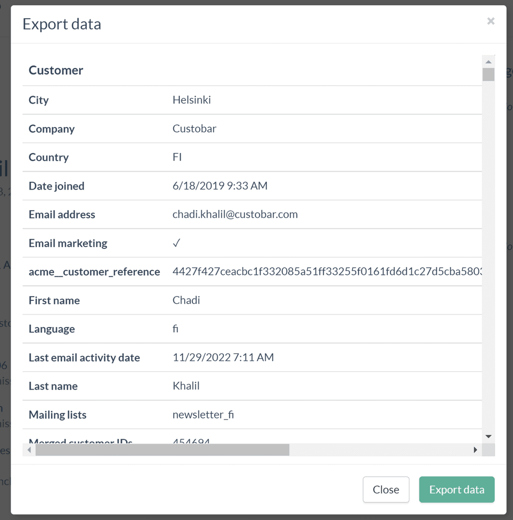 Customer data export for GDPR reasons